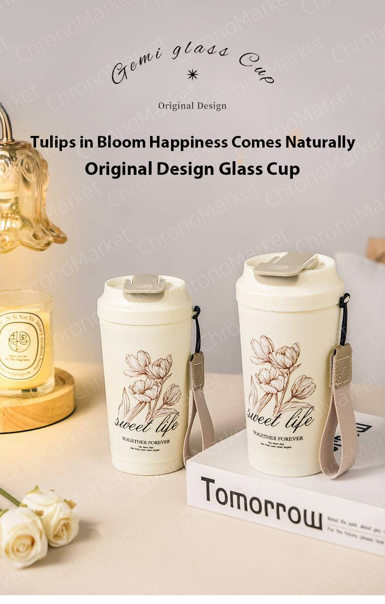 350ml Glass cup Tulip with straw hot and cold leakproof coffee mug ...