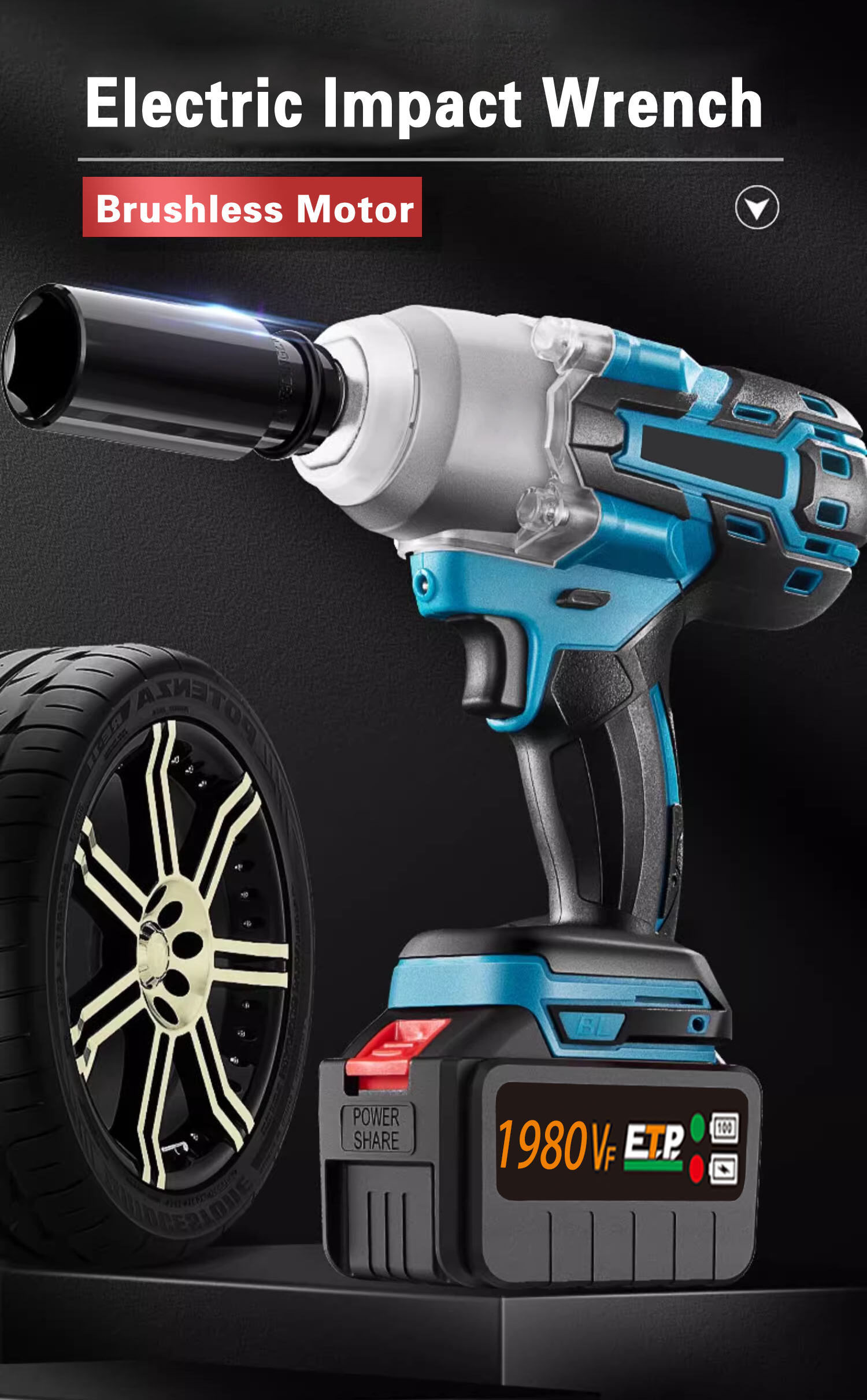 Electric Impact Wrench Cordless Brushless Impact Ratchet Wrench 1980VF ...