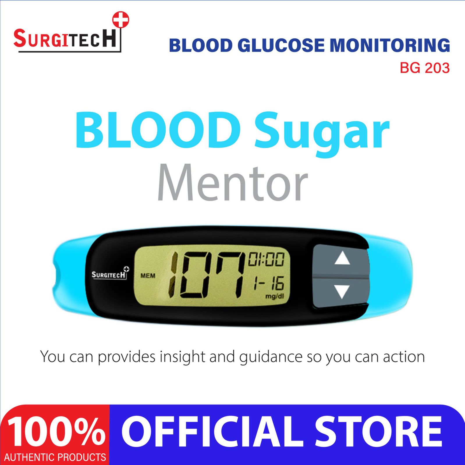 Surgitech Blood Glucose Meter Glucometer Monitoring System BG-203 with ...