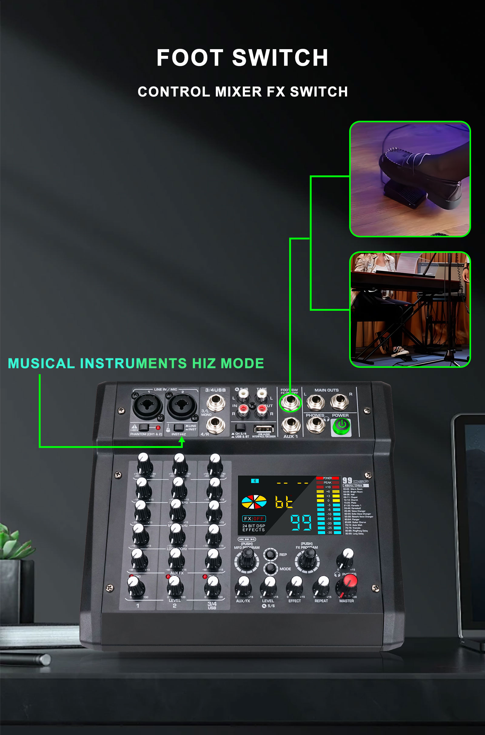 99 effects pedal instrument mixer 4 Channel Audio Interface DJ Mixer ...