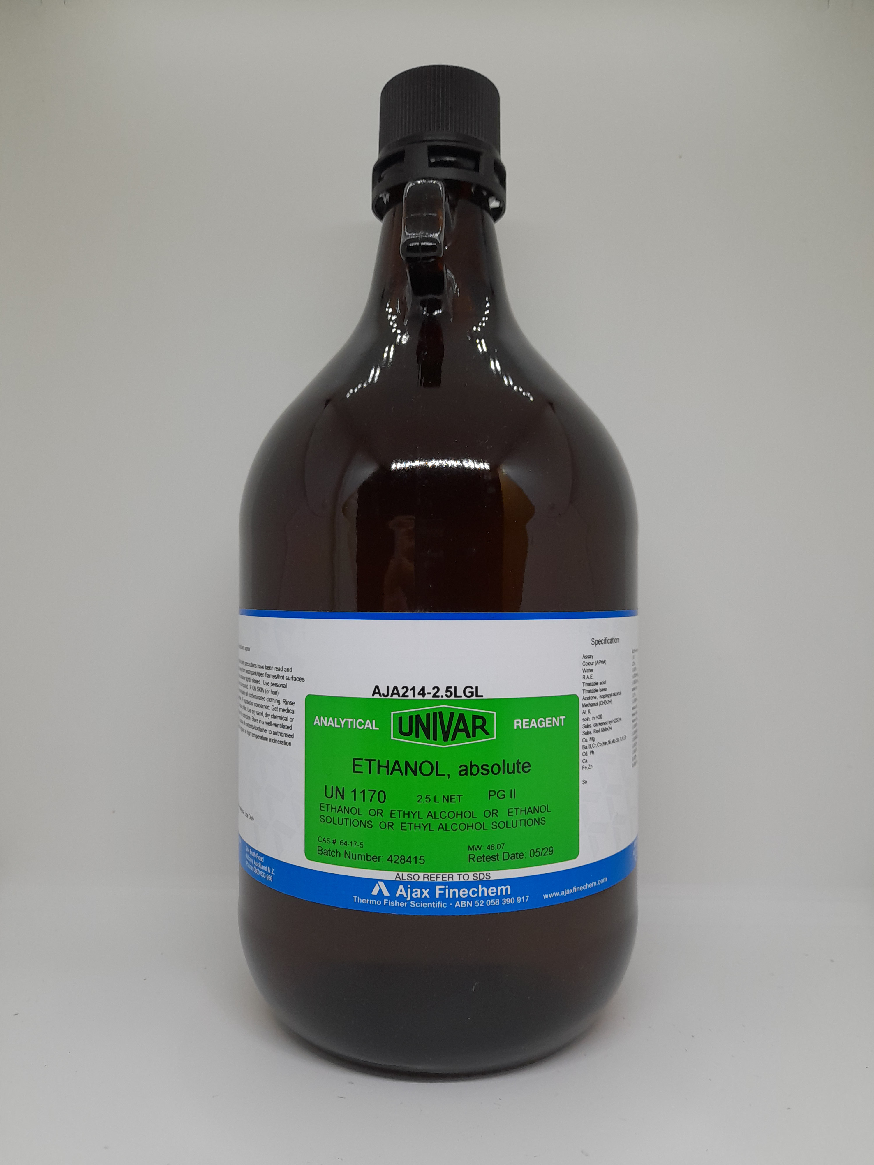 100% Absolute Ethanol, 2.5L in Glass Bottle, AR Laboratory Analytical Reagent, AJAX FINECHEM ...