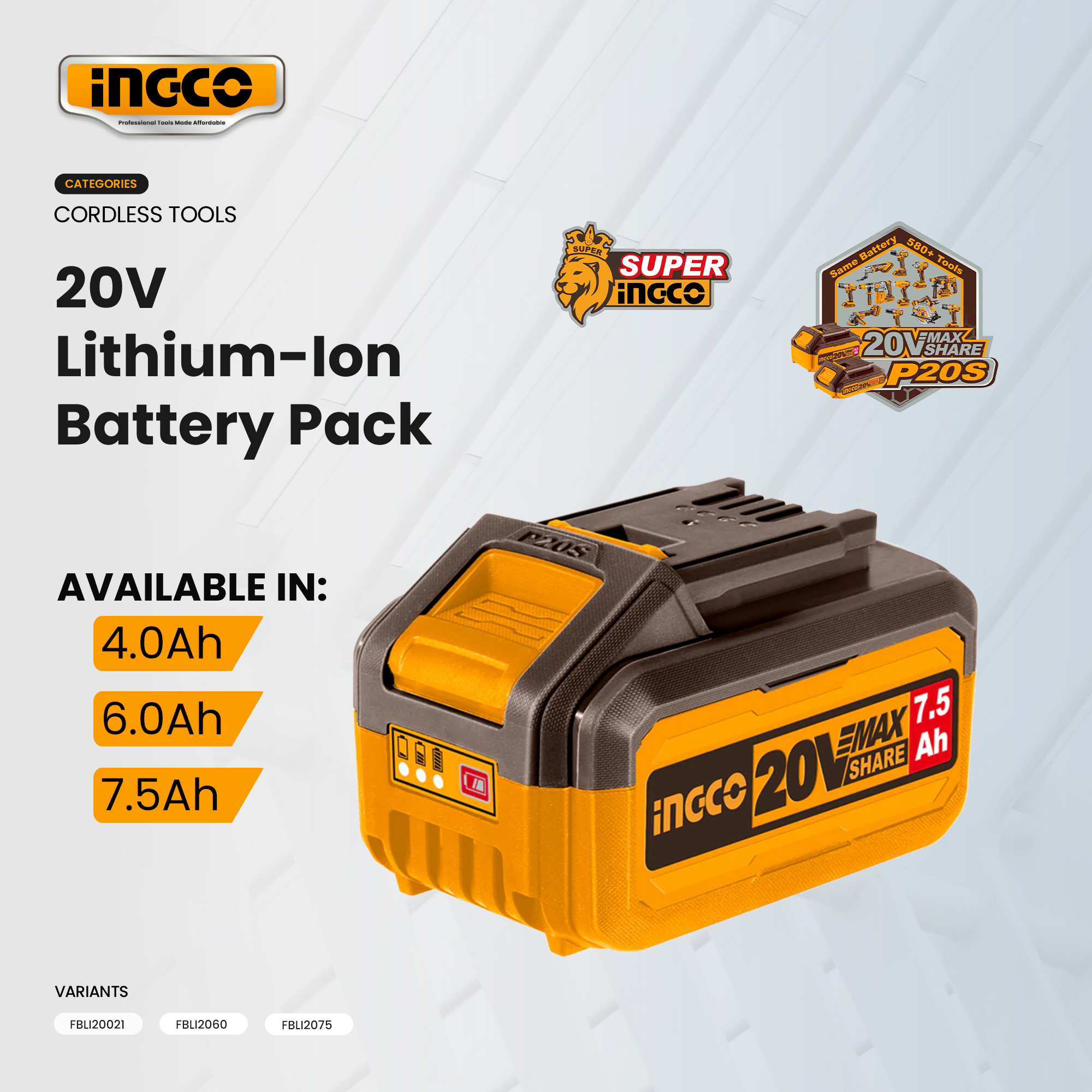 Ingco 20V Lithium-Ion Battery Pack 4.0AH -7.5Ah Rechargeable Cordless ...