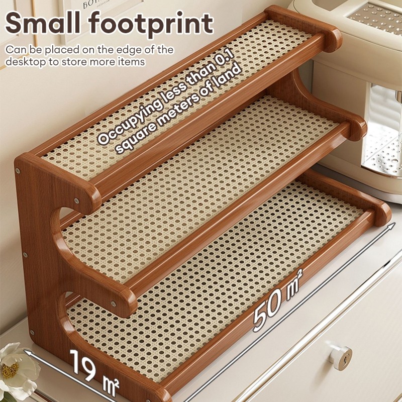 Wooden Double-Layer Table Shelf Rattan Storage Rack oStorage Rack ...
