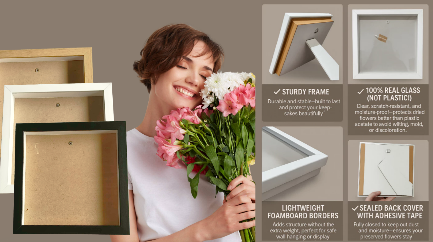 REAL GLASS Flower Shadow Box Frame Wooden Display DIY 3D Hollow Box ...