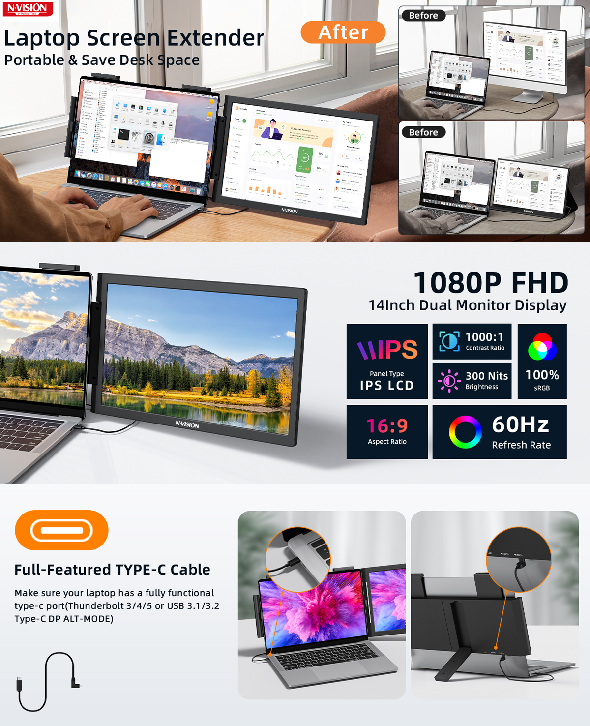 Nvision 14"/15.6" Laptop Screen Extender Portable Monitor FHD IPS 60HZ ...