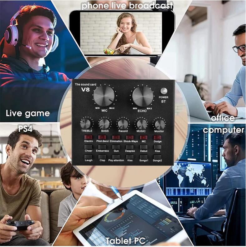 V8 Sound Card, Sound Effects Board with Audio Mixer for Streaming, with ...