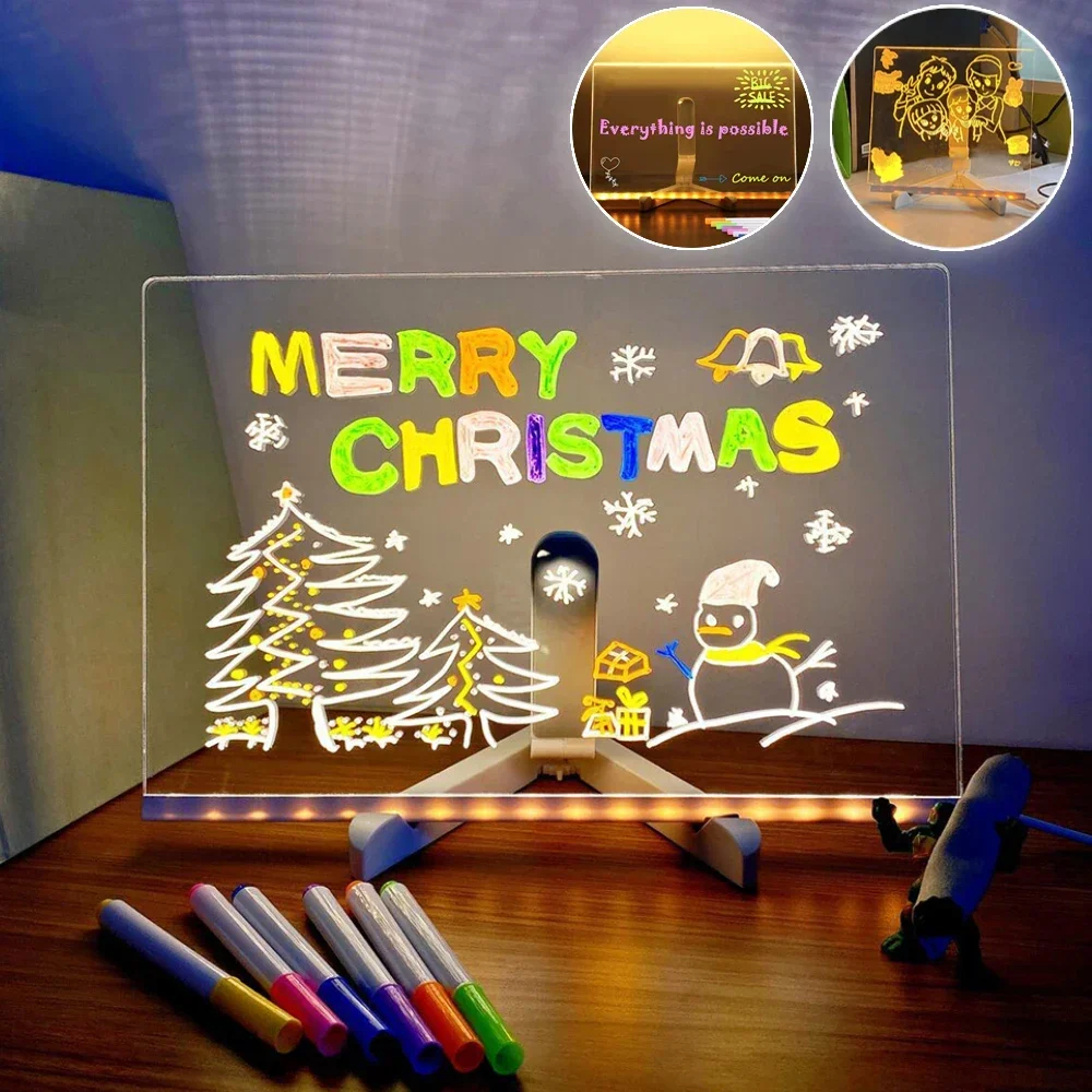 LED Luminous Drawing Board Toys Night Light Message Note Board Acrylic ...