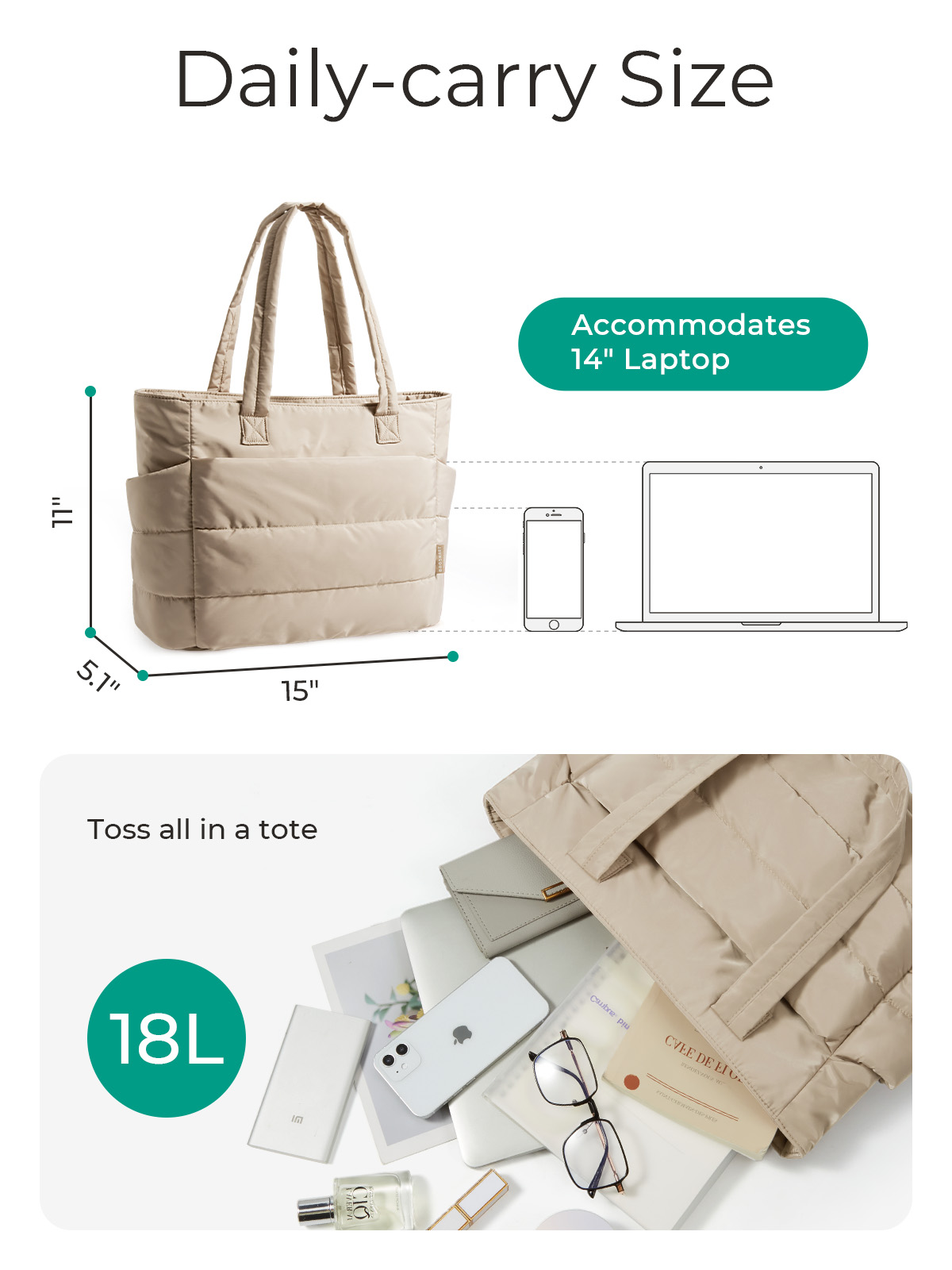 BAGSMART Puffy Tote Bag Waterproof 14Inch Laptop Shoulder Bag Fashion ...