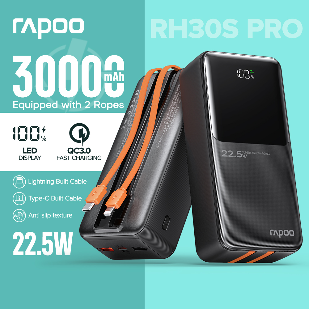 Rapoo RH30S PRO 30000mAh 22.5W Powerbank with Built-in Cable Fast ...