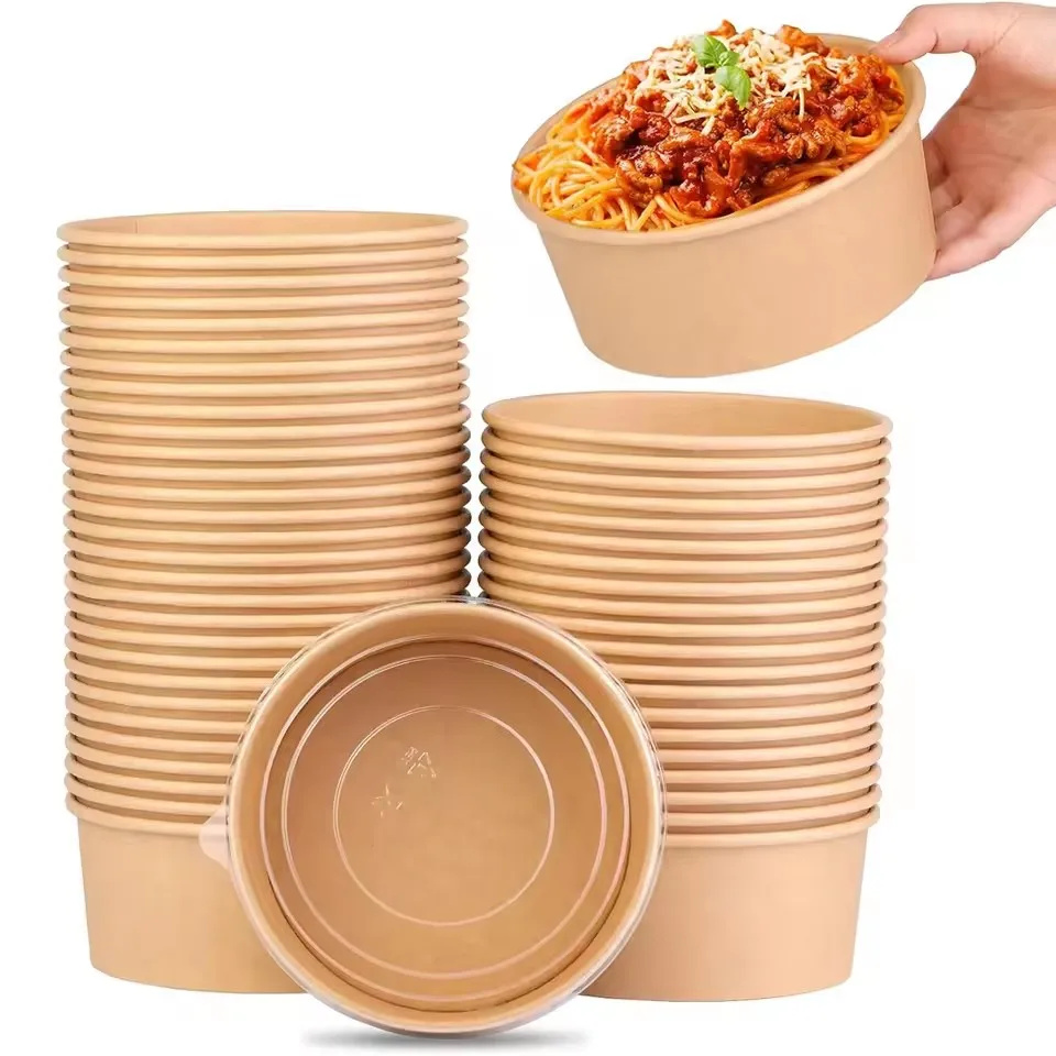 50 Pcs Kraft Paper Bowl Round Disposable Salad Paper Bowl with Plastic Lid 500/750cc Leak-Proof ...