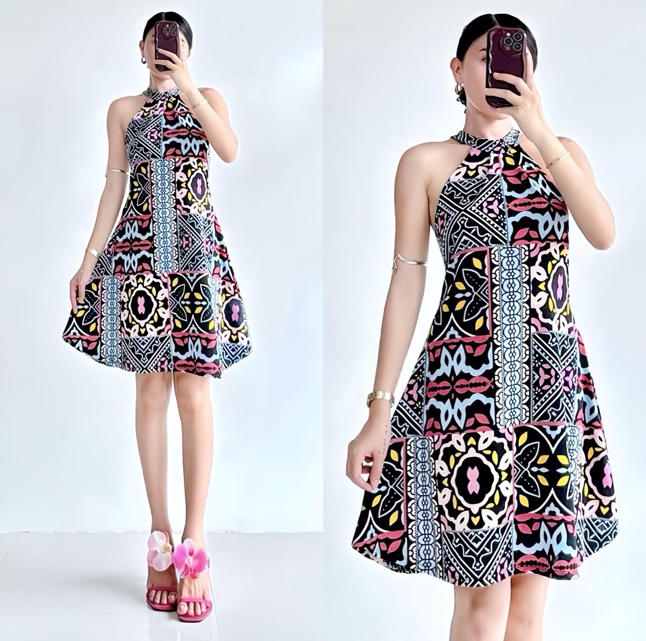 PP Janine Turtle Neck Back Tie Printed Casual Dress for Women ...