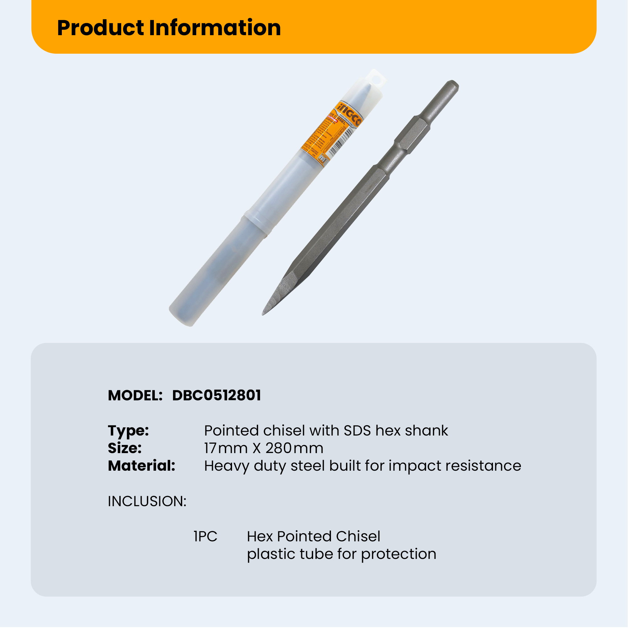 Ingco Sds Hex Chisel Concrete Breaker Demolition Chisel 17x280mm DBC0512801 / DBC0522801 ...