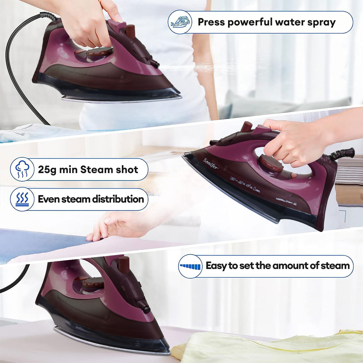 Sonifer Steam Iron 1500W Flat Iron Ceramic Coated Soleplate Electric ...