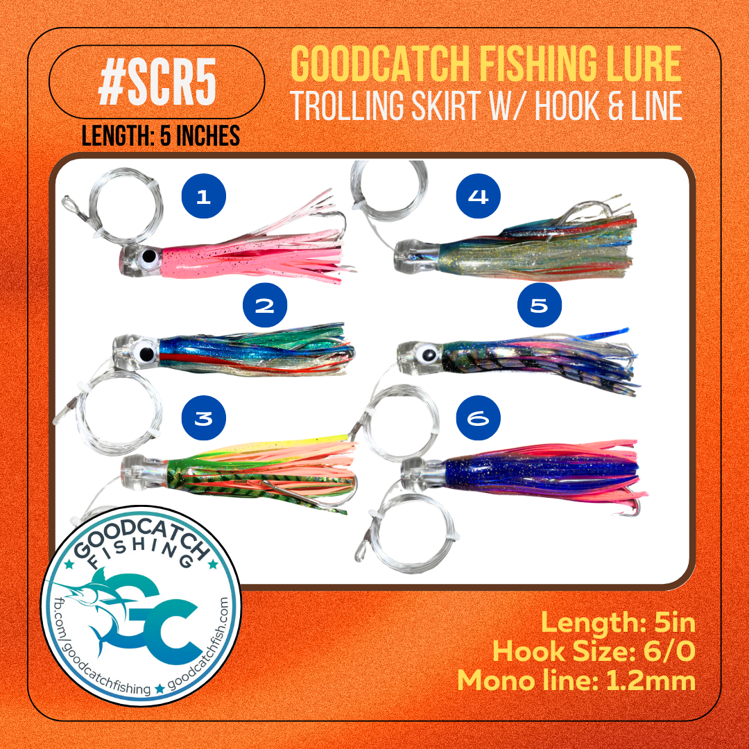 GoodCatch SCR5 5 inches Trolling skirt w/ Rigged CN hook 6/0 & Monoline 1.2mm Soft Bait Lure ...