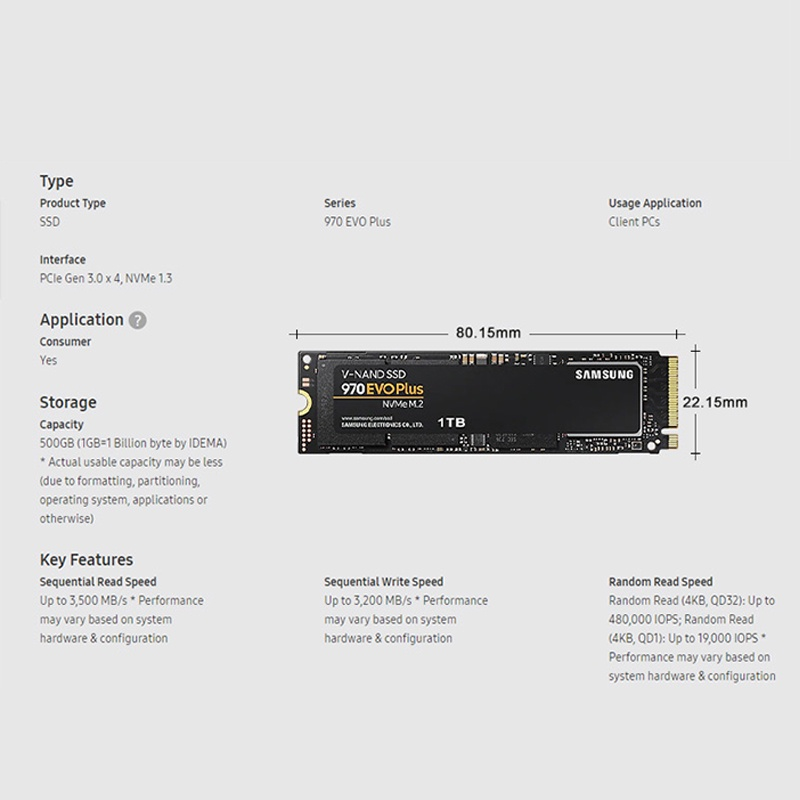 Samsung 970 EVO Plus 500GB NVMe M.2 Client SSD Solid State Drive ...