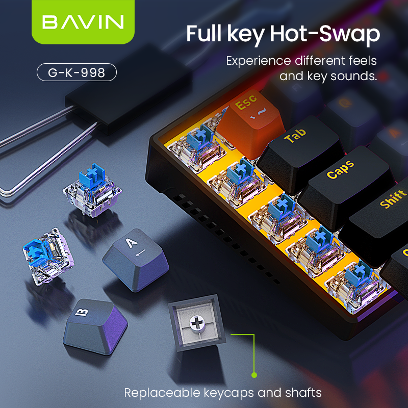 BAVIN K998 63 Key Mechanical Gaming Keyboard Ergonomic w/ Backlit RGB ...