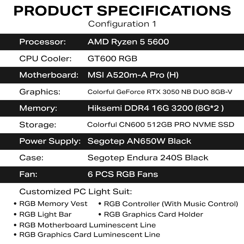 AMD RYZEN 5 5600 Gaming Desktop Host DDR4 16G RAM 512GB SSD, 650W Power ...