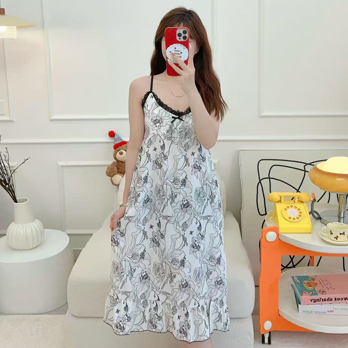 Korean Sling Nightdress Cloud Cotton Sleepwear with Chest Pads Dress ...