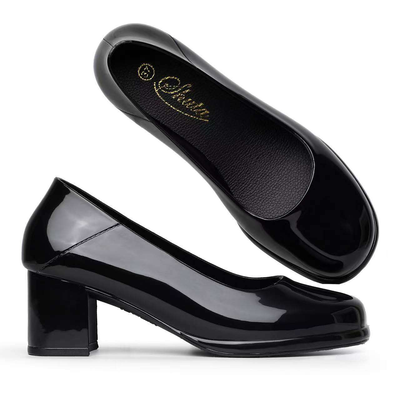 【Tong】Stunningly Gorgeous! Black Patent Leather Block - Heel Work Shoes ...