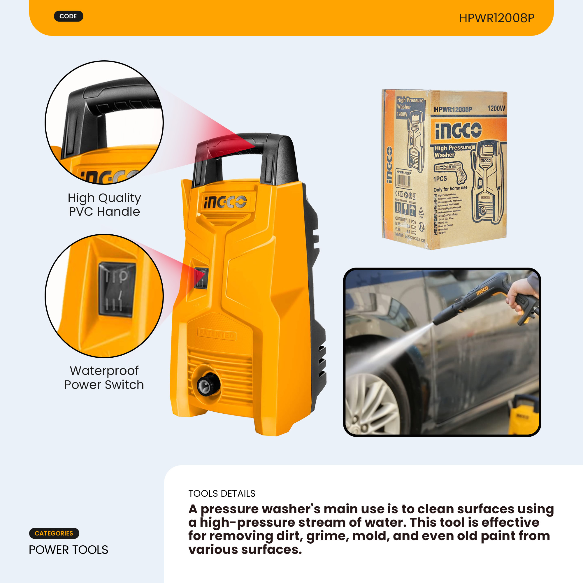 Ingco 1200W Electric High Pressure Washer for Motor or Car Wash Cleaning HPWR12008P IPT | Shopee ...