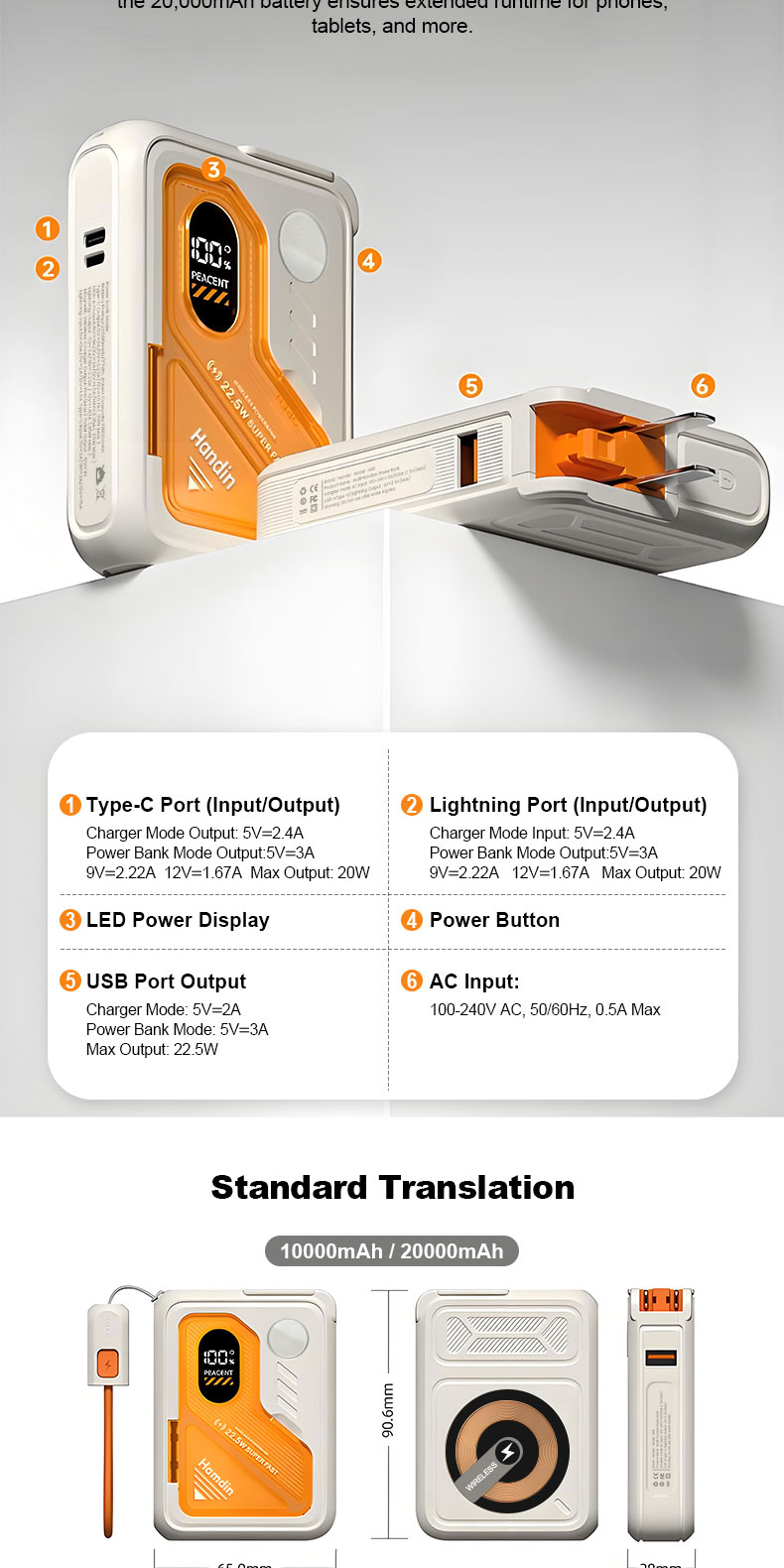 Handin 20000mAh Mini Powerbank Fast Charging 5 in 1 Original Magnetic Wireless Portable Charger ...