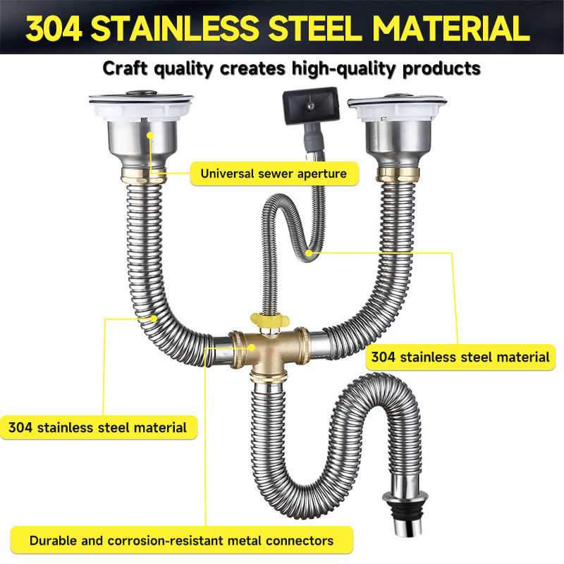 Kitchen Sink Drain Pipe 304 Stainless Steel Double-slot Drainer Prevent ...