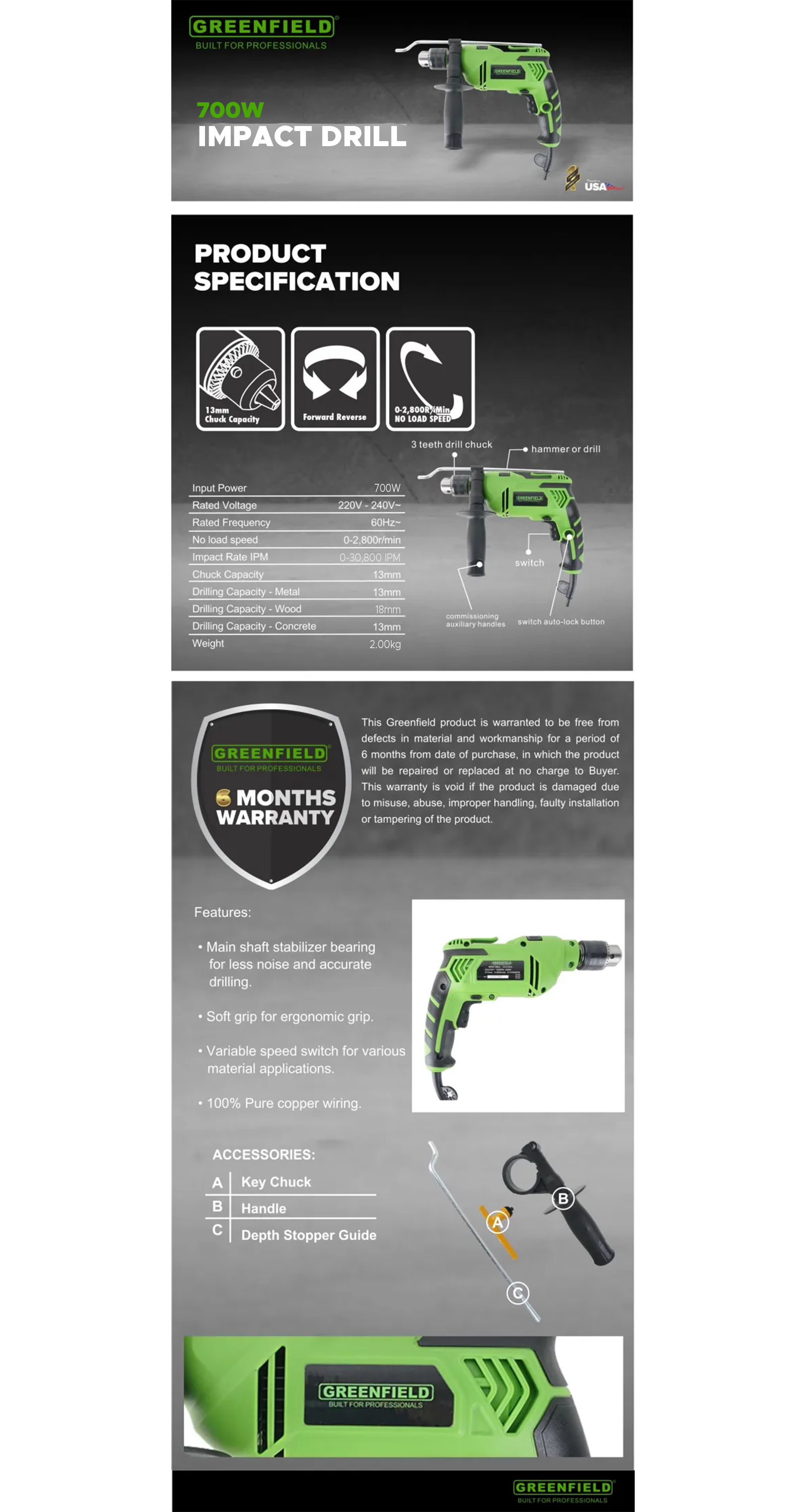 Greenfield Impact Drill 700W - Power Tools/Home Improvement | Shopee ...