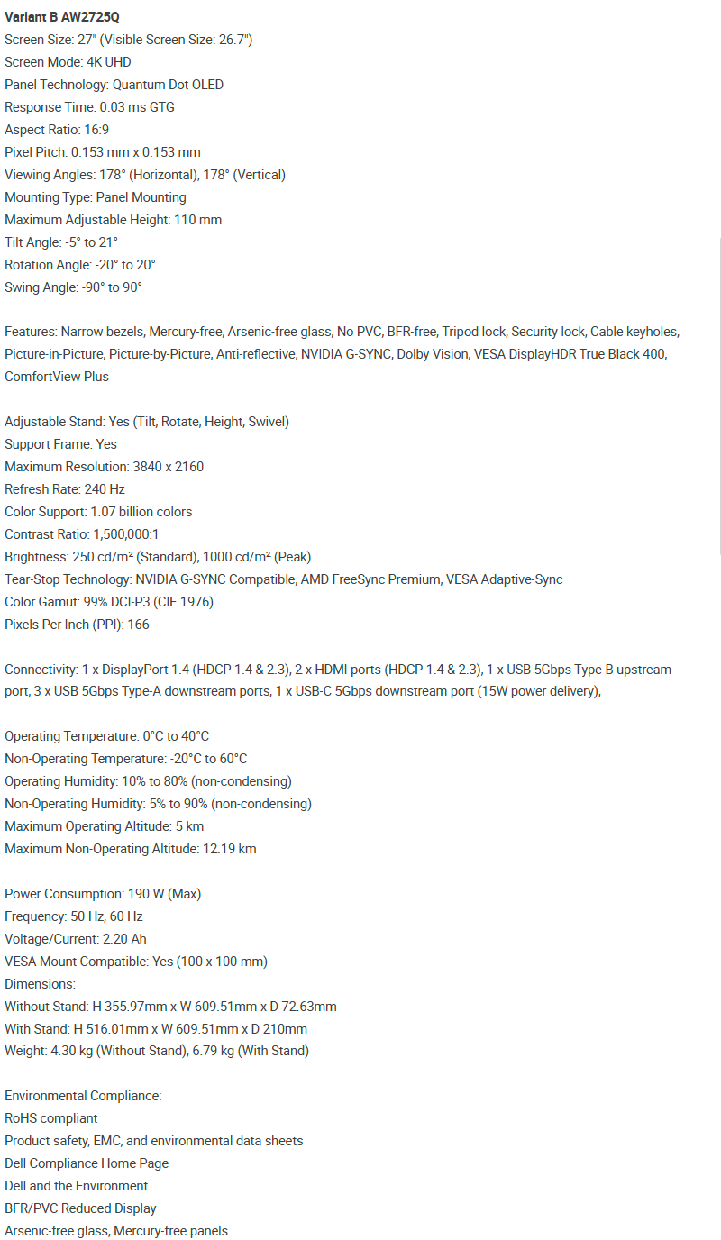 Alienware AW2725D/AW2725DF/AW2725Q/AW2725QF 27" 360Hz QD-OLED Gaming ...