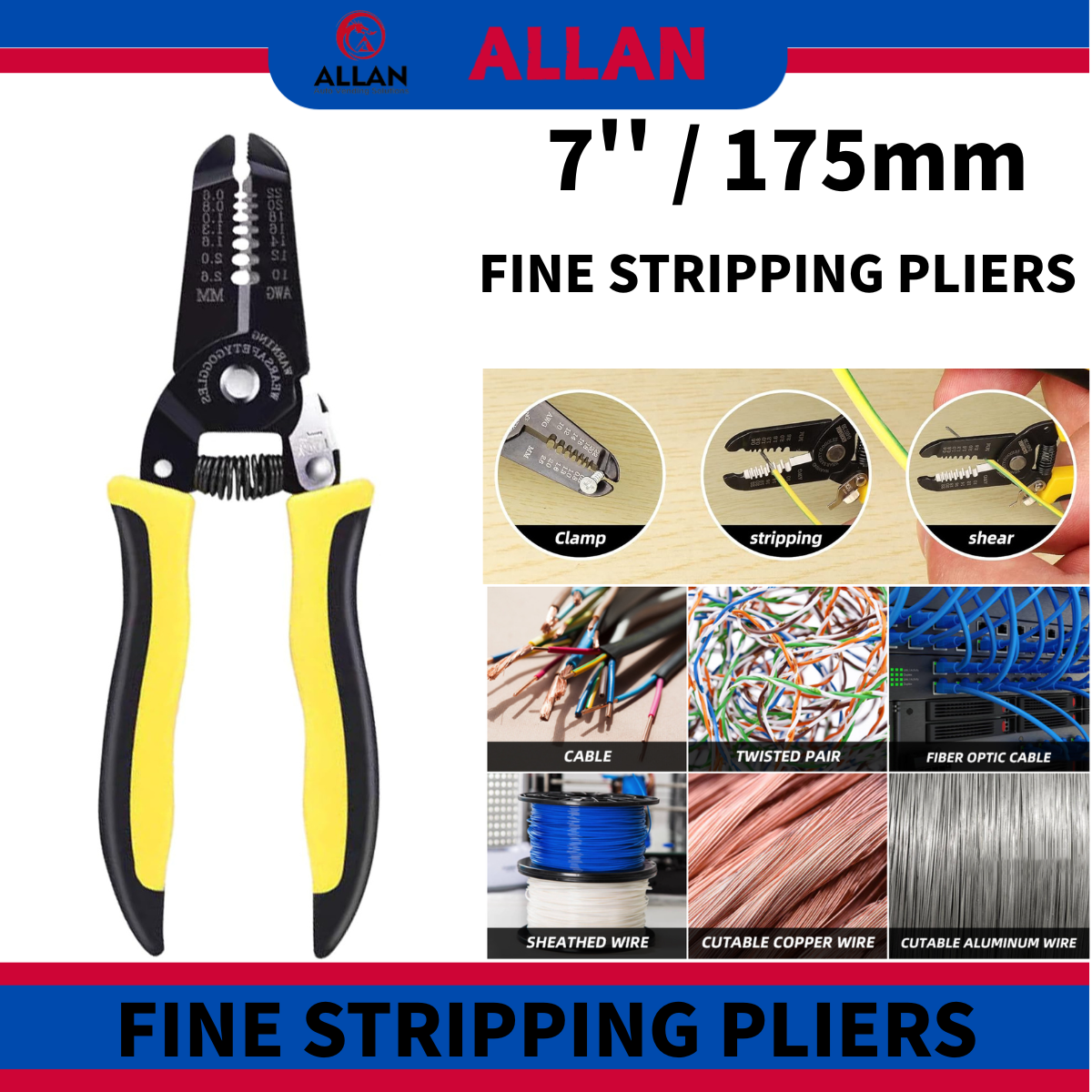 ALLAN 7inch Fine Stripping Pliers Wire Stripper Cutter with Safety Lock ...