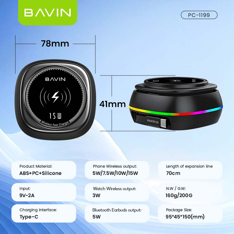 BAVIN PC1199 3in1 Magnetic Wireless Charger 15W Type-C Input & Foldable ...