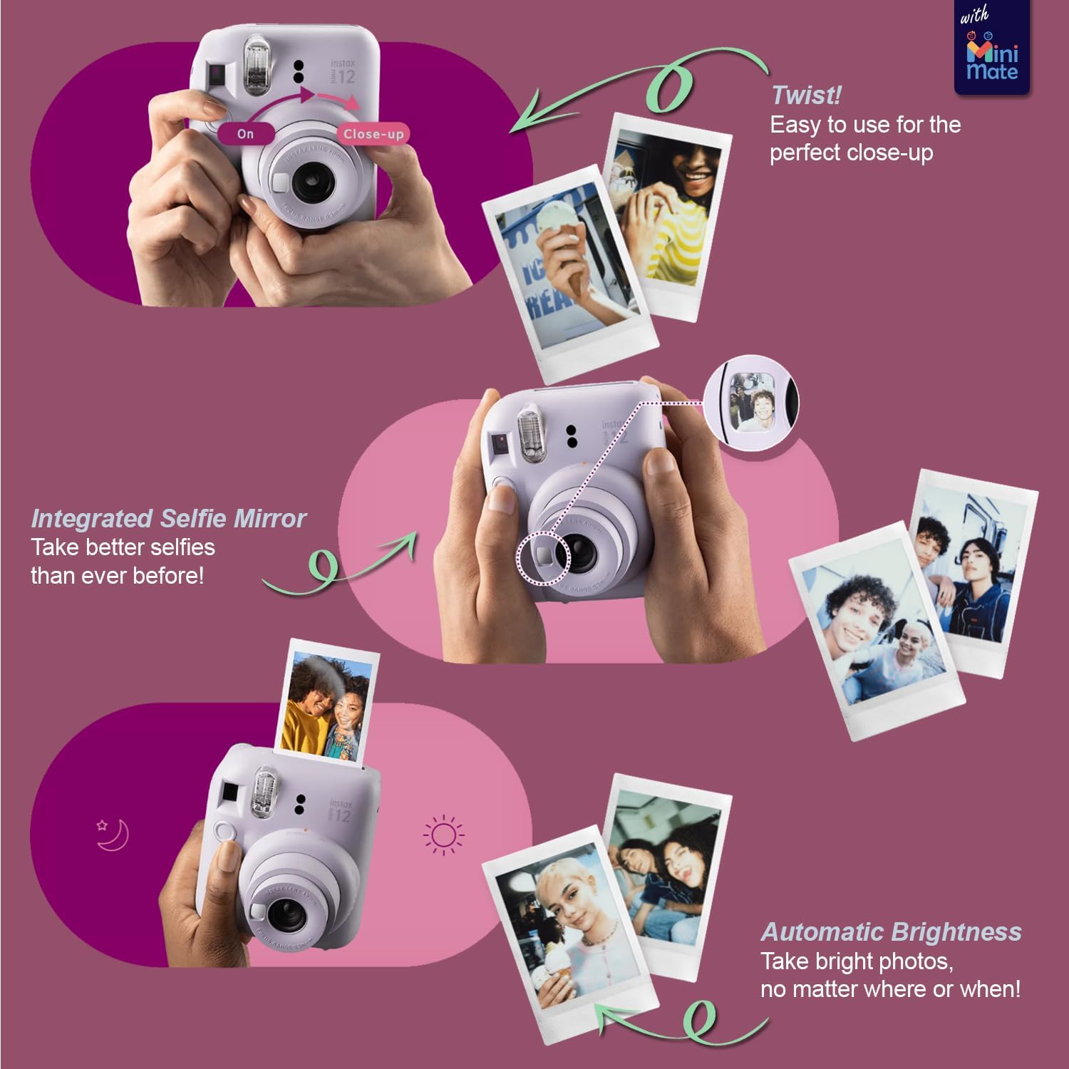 Fujifilm Instax Mini 12 Camera Set with 10 Sheets Film & Photocard Case ...