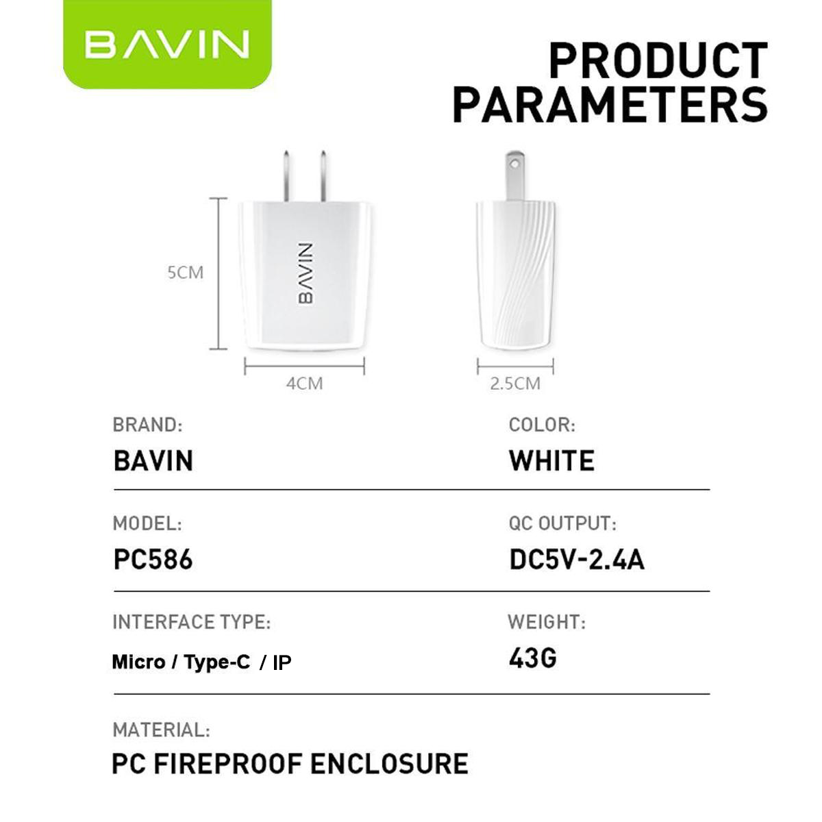 BAVIN PC586 Fast Charging Charger Adaptor QC3.0 USB Port & 1 Meter ...