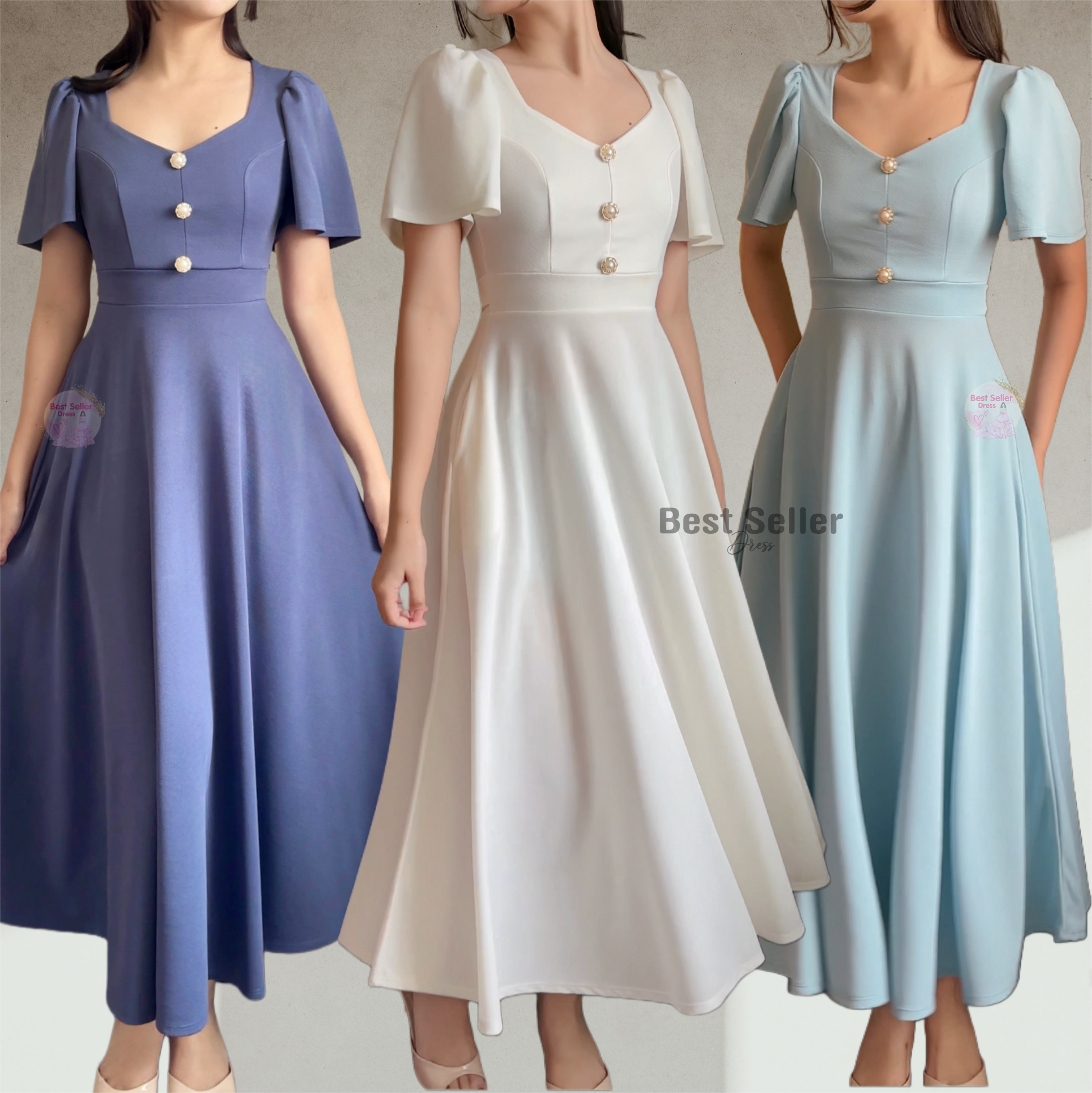 BSD Best Seller Dress Laura (XS-XXL) Puff Sleeves Maxi Dress Casual ...