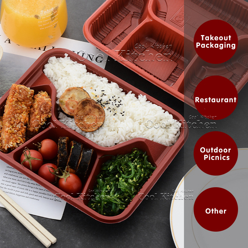 Red/Yellow 100PCS Bento Box (With Lid) 1/2/3/4/5 Grid Disposable ...