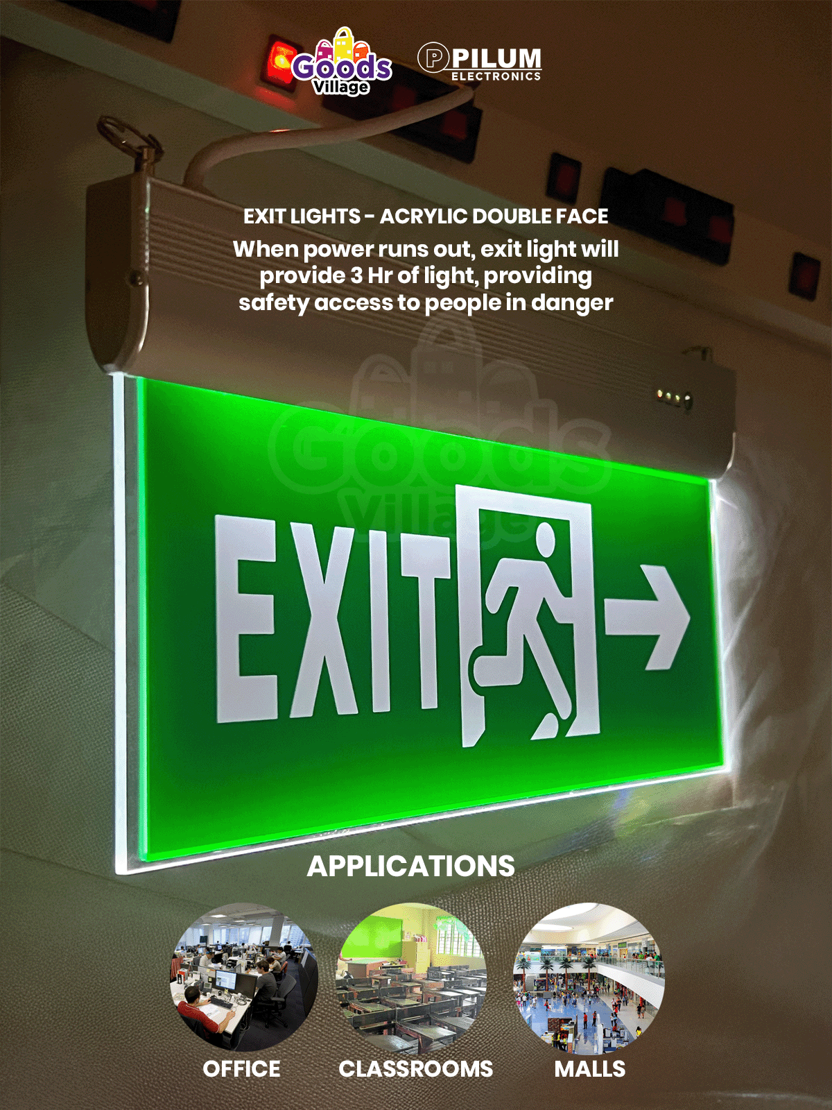 GOODS VILLAGE Emergency Exit Sign Led safety exit light Rechargeable ...