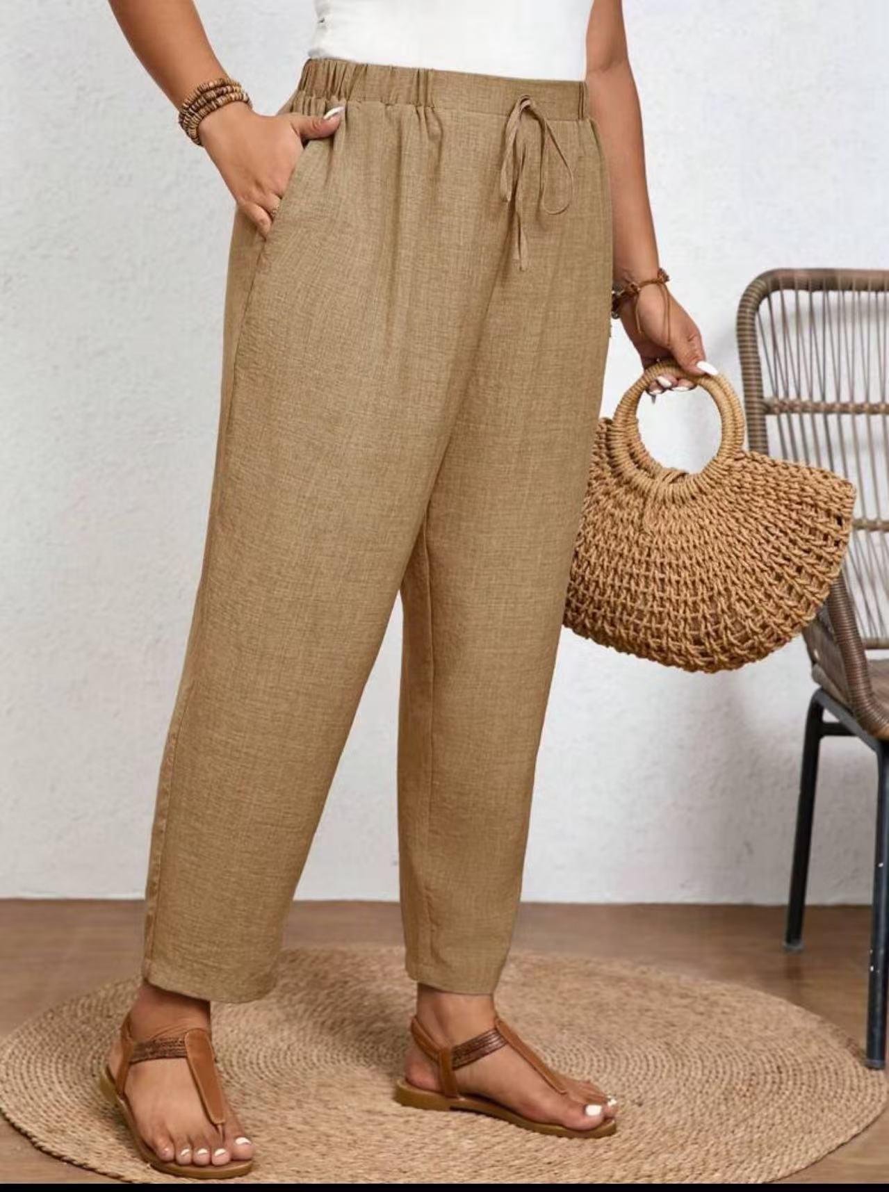 Frenchy Plus Size Solid Color Casual Trousers With Elastic Waist And Diagonal Pockets Skinny ...