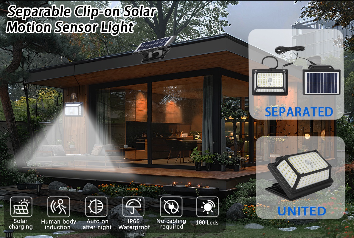 Solar Flood Light Outdoor Clip Lamp | 190 LED Motion Sensor ...