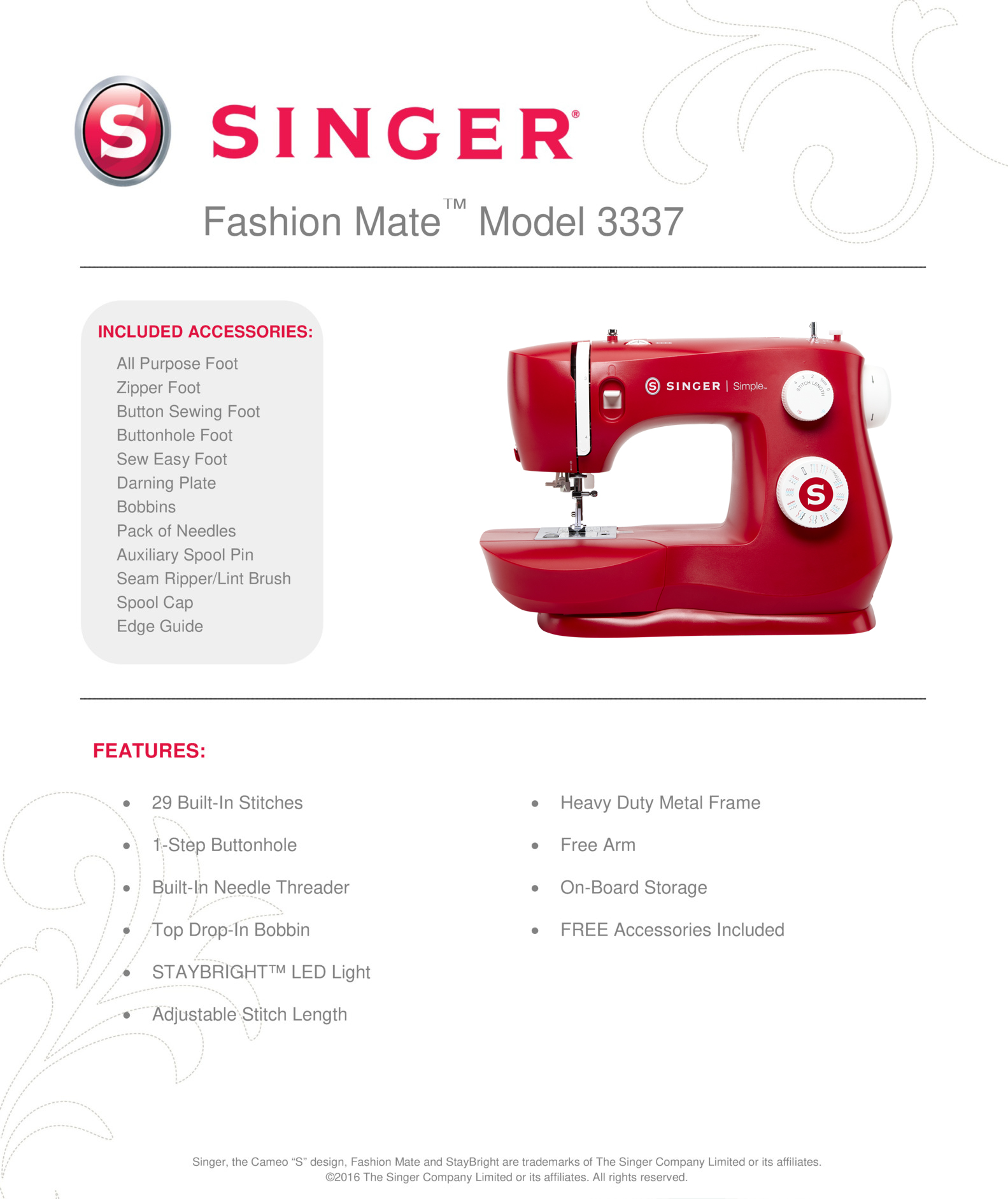 Singer Portable Fashionmate 3337 Sewing Machine 29 Stitches RED. Singer ...