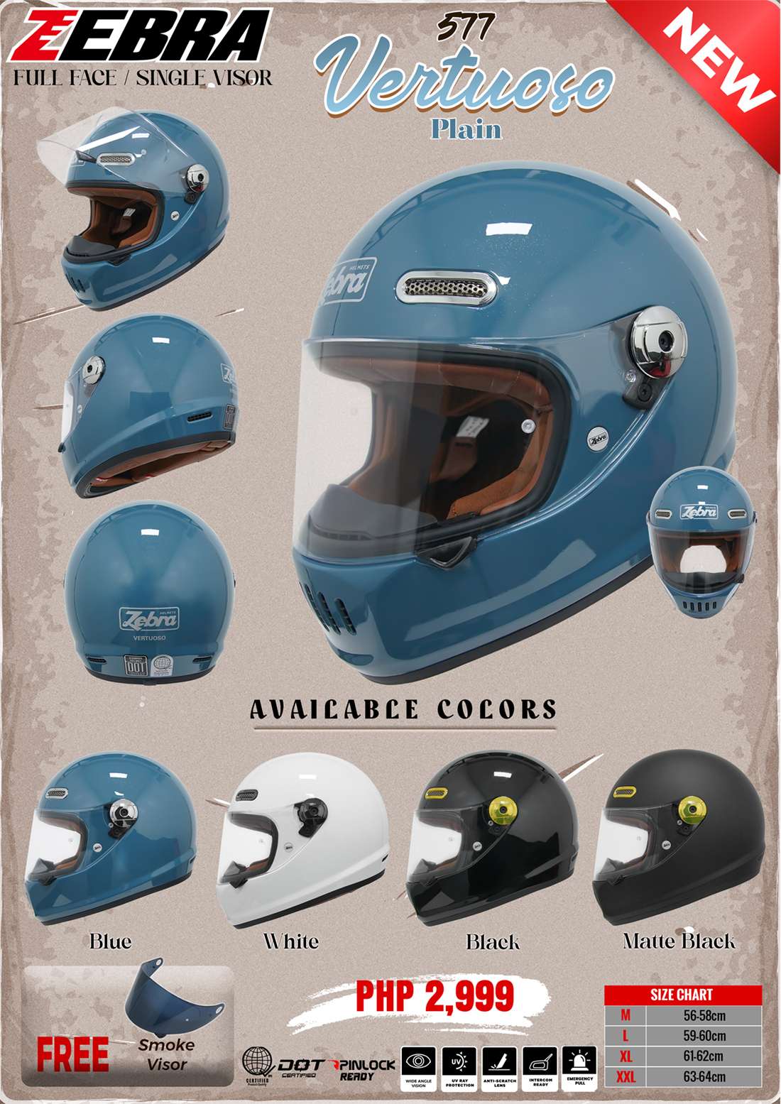 BPS ZEBRA 577 W/D Classic Helmet For Motorcycle Vintage Helmet Full ...