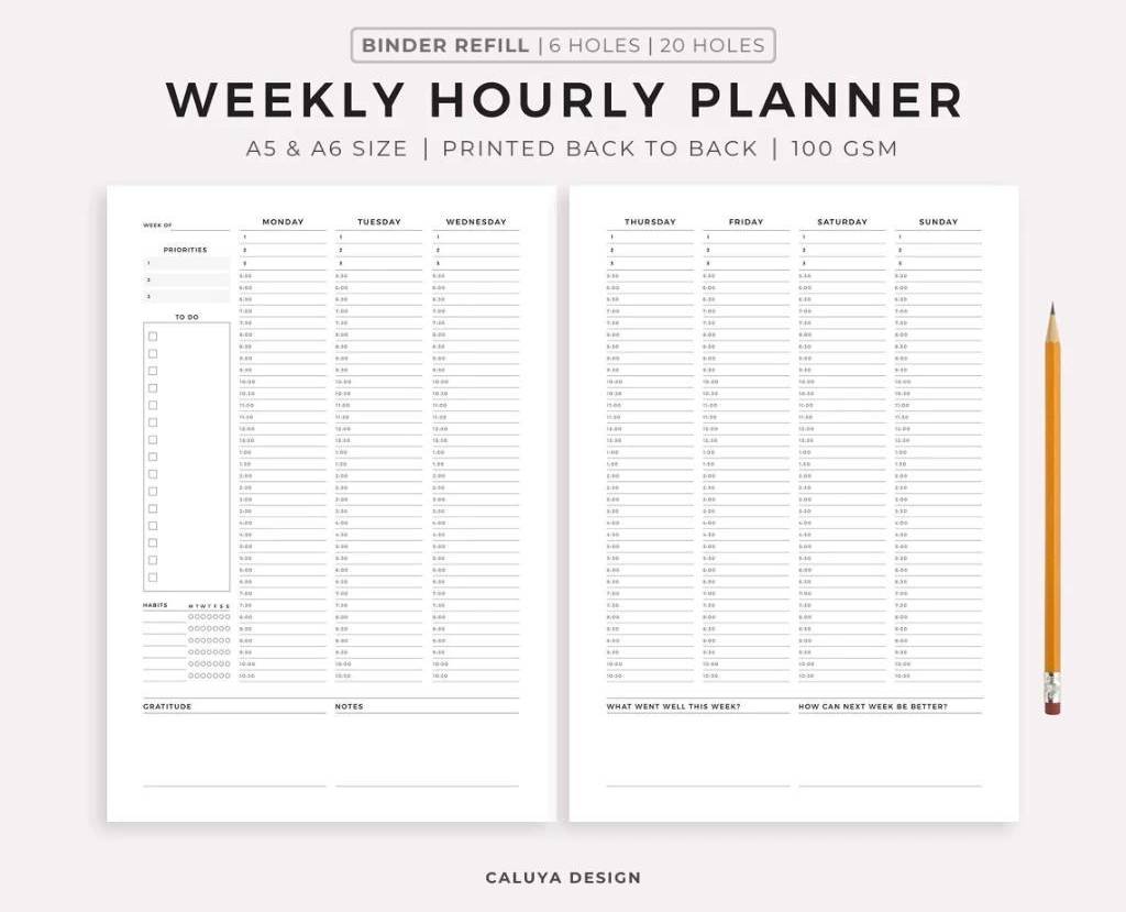 A5 A6 Weekly Hourly Planner | A5 Binder Notebook Refill Pages ...