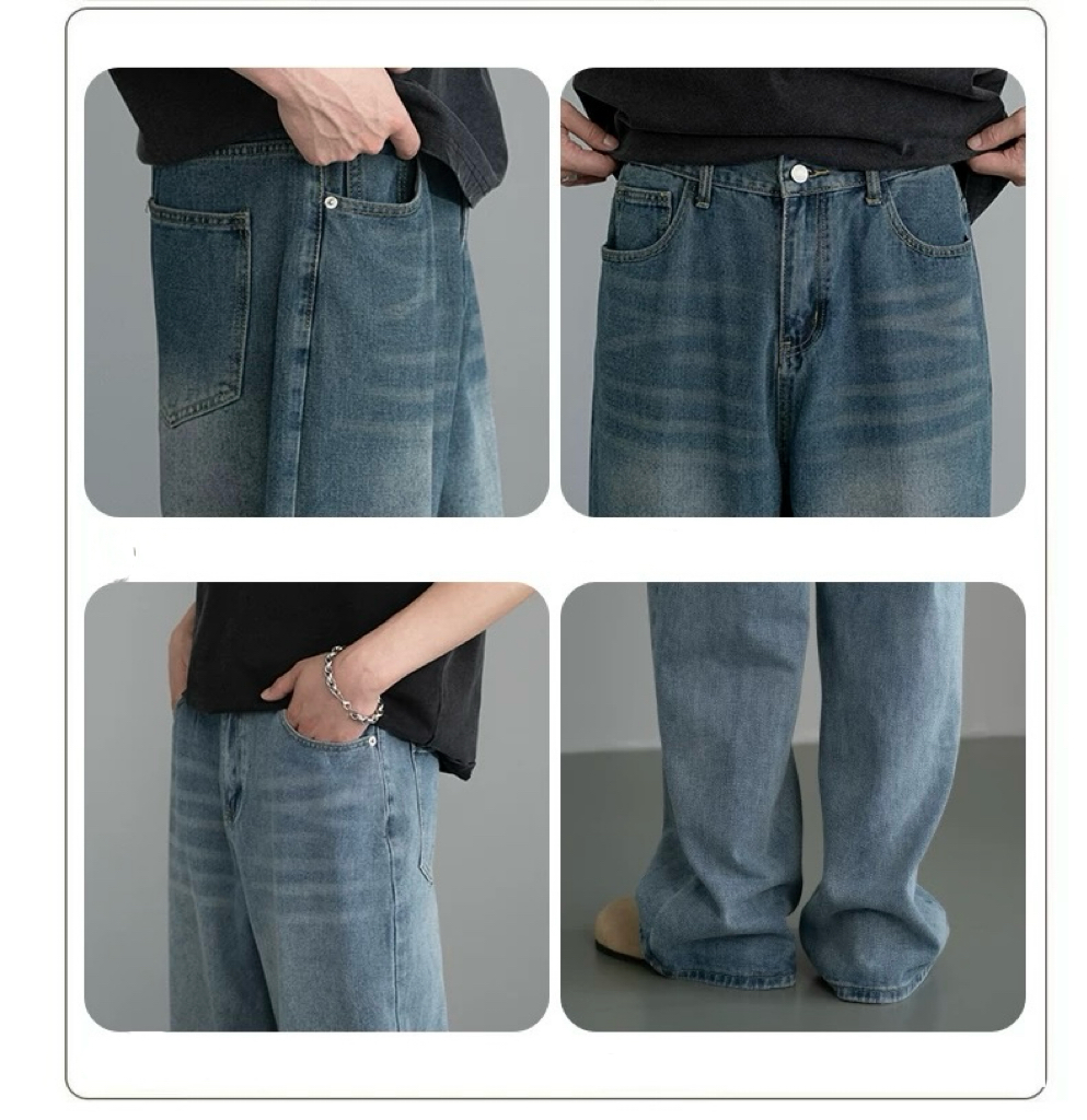 Men's Retro Washed Jeans Denim Fabric Loose Fit Vintage Straight Cut ...