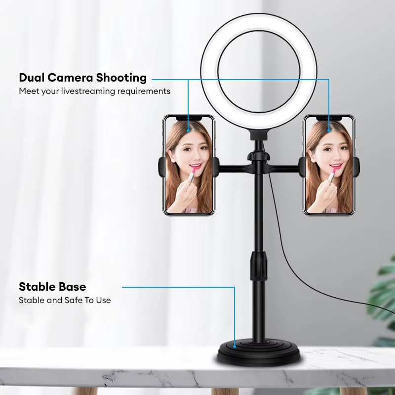 Ring Light Dual Phone Stand Phone Holder Table Desktop Selifie Light ...