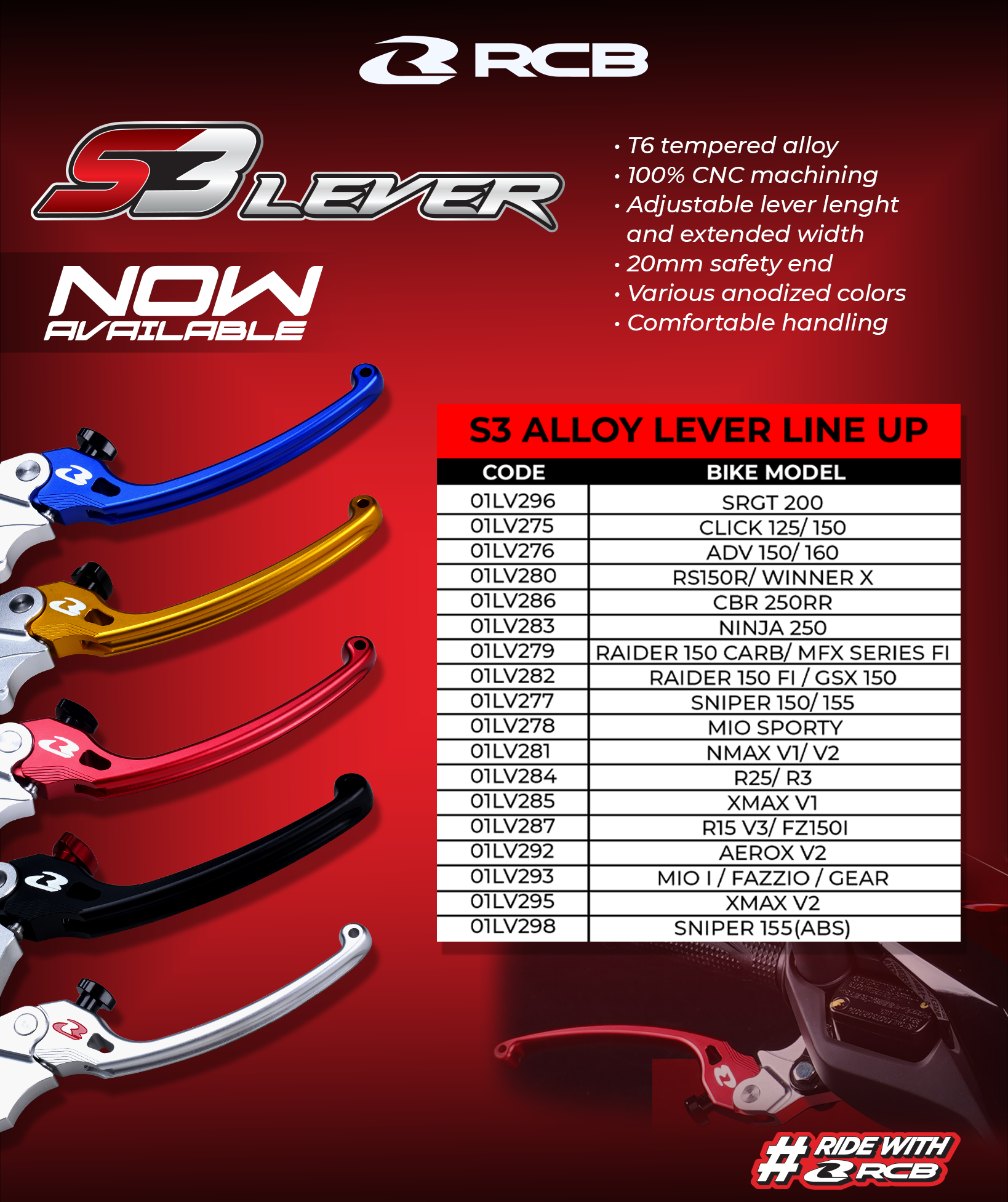 RCB Alloy Lever Set S3 for Yamaha Motorcycles (Nmax|Aerox|M3|Mio Sporty|Sniper150|Sniper 155 Abs ...