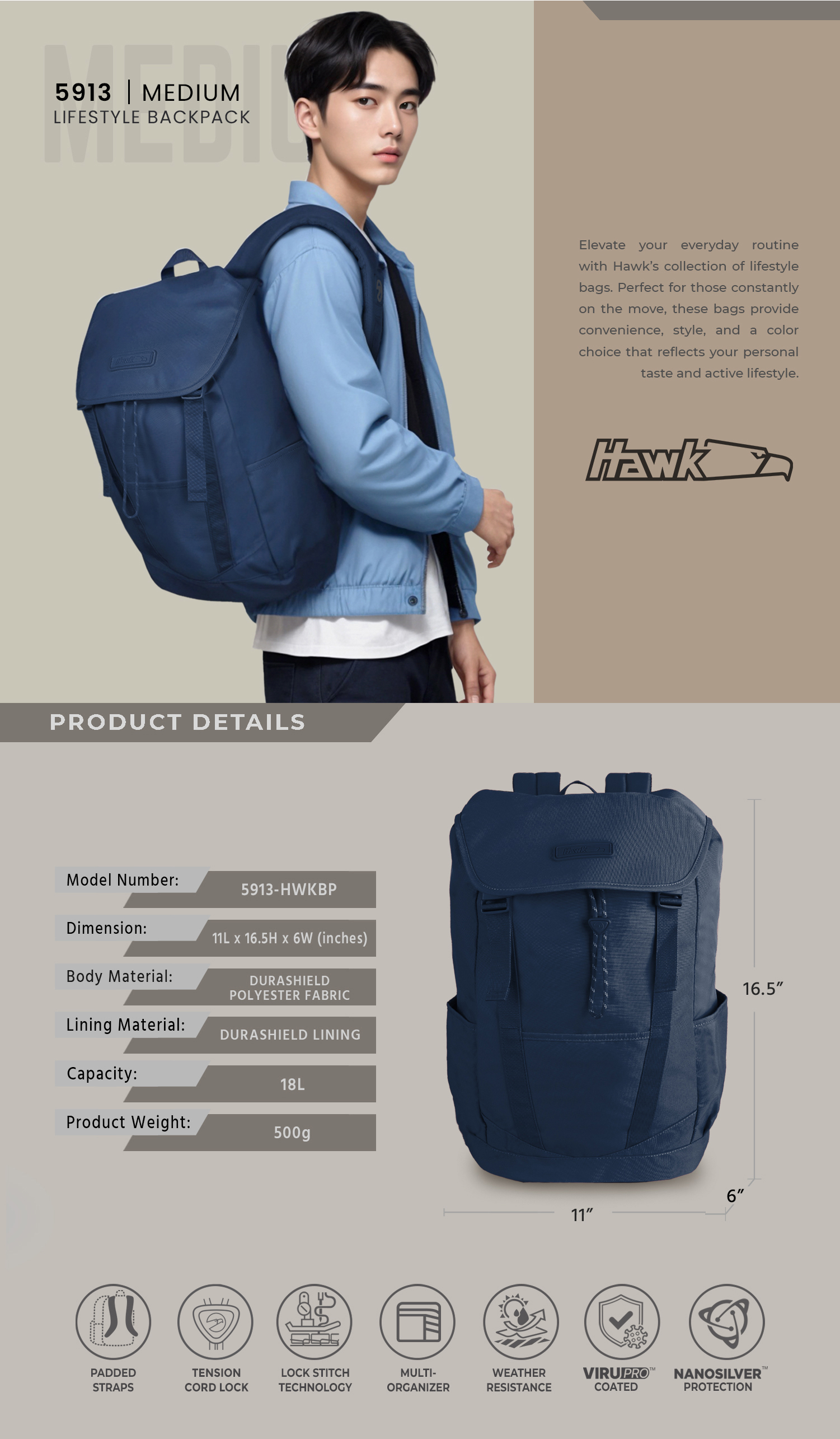 Hawk 5913 MEDIUM Lifestyle Backpack with VIRUPRO Anti-Microbial ...