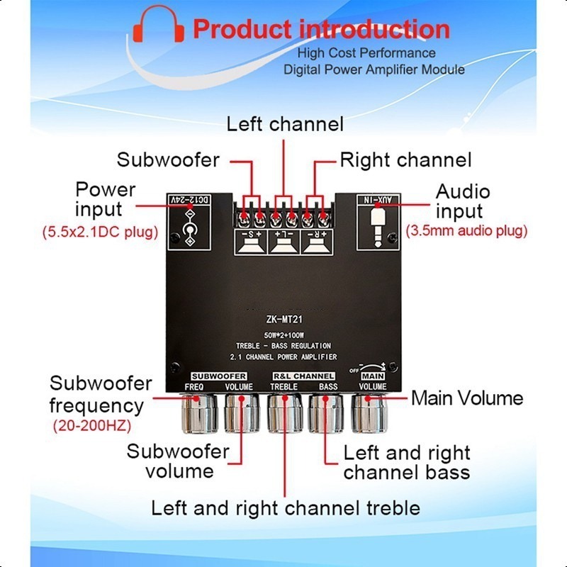 50WX2+100W ZK-MT21 Amplifier Board 2.1 Channel Bluetooth 5.0 car high power audio Stereo ...