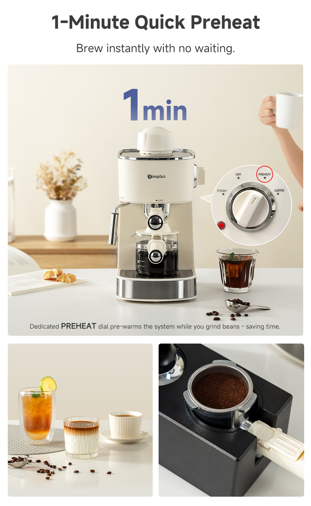 Simplus Coffee Machine Semi-Automatic Espresso Maker Steam Frothing ...