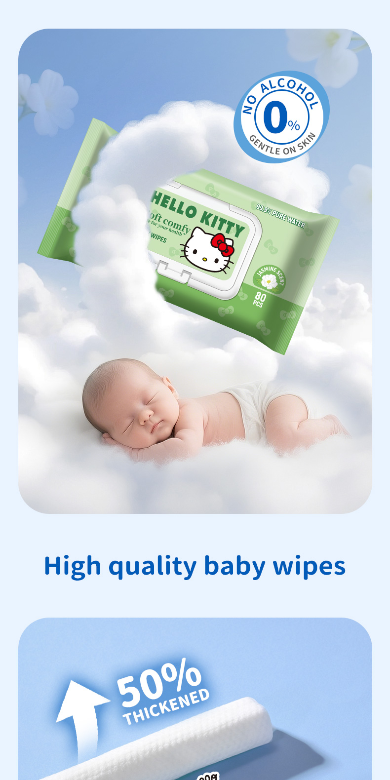 Hello Kitty Baby Wipes Pure Formula 99.9% Pure Water 80 sheets | Shopee ...