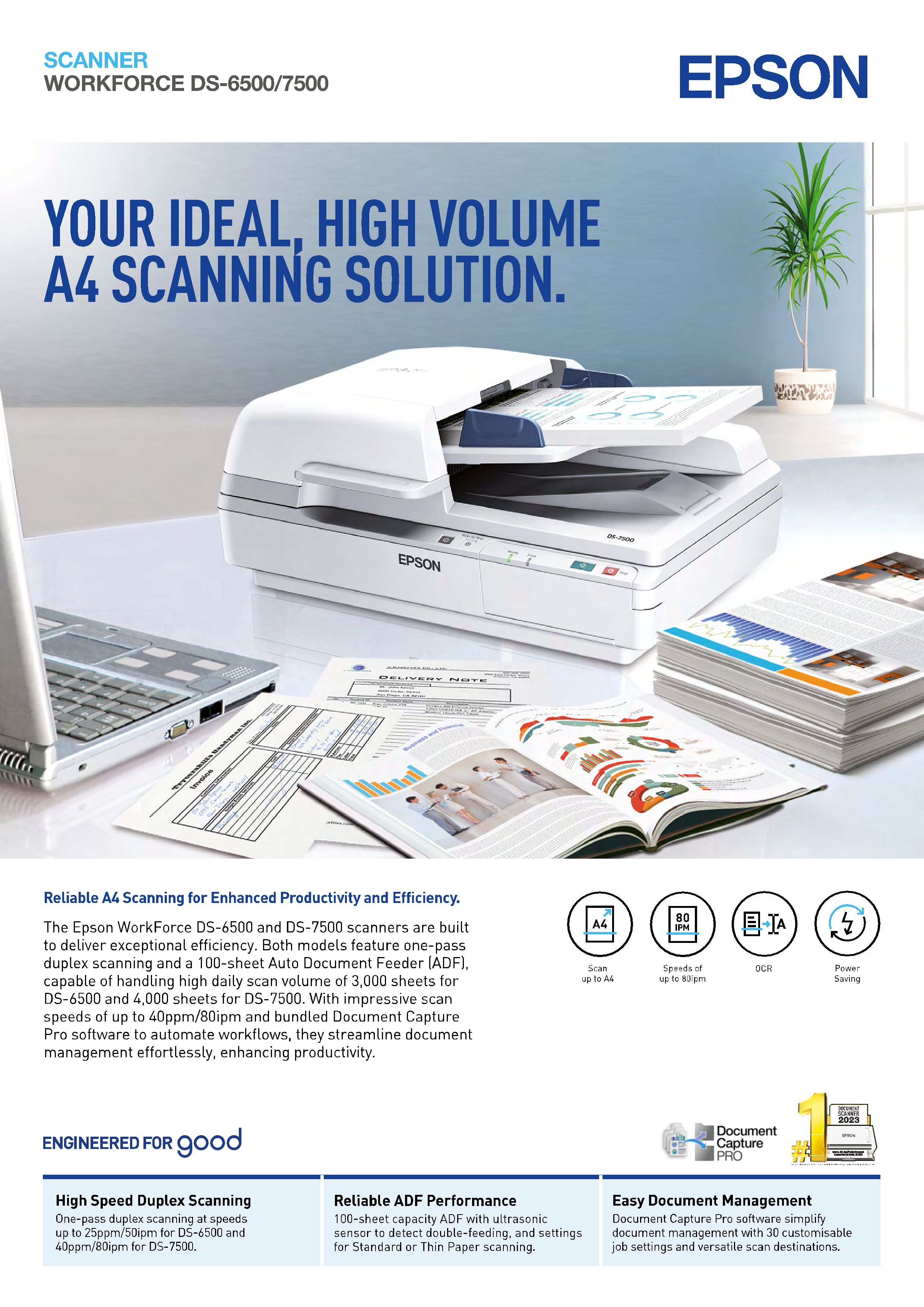 Epson WorkForce DS-7500 Flatbed Document Scanner with Duplex ADF DS7500 ...