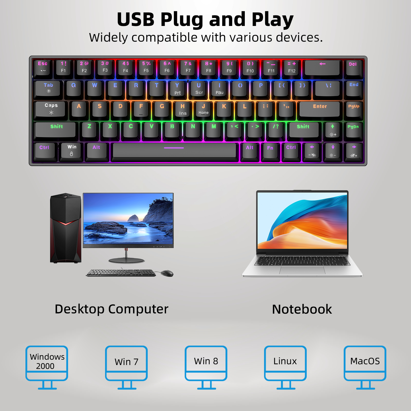 GOOJODOQ Wired Mechanical Keyboard 68 Key Anti-slip for Computer Laptop ...