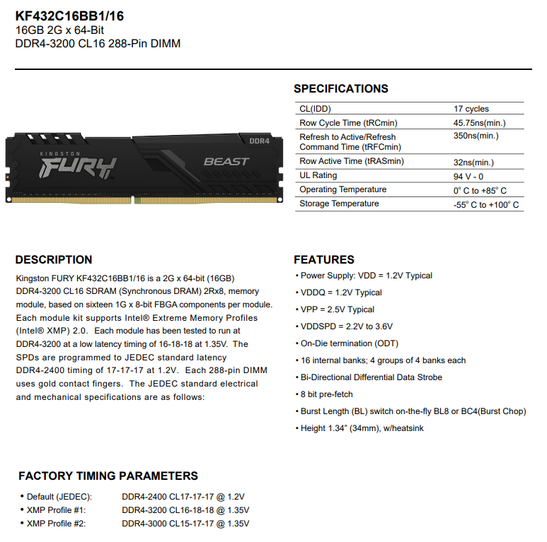 Kingston KF432C16BB1/16 16GB 3200MHz DDR4 CL16 DIMM FURY Beast | Desktop Memory | Shopee Philippines
